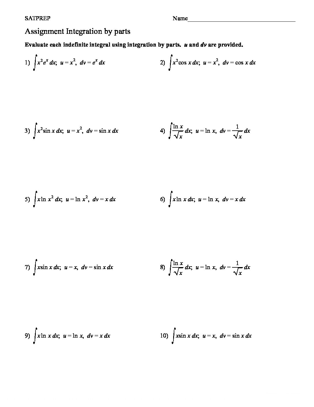 Worksheet For Section 7 1 Integration By Parts The Integration