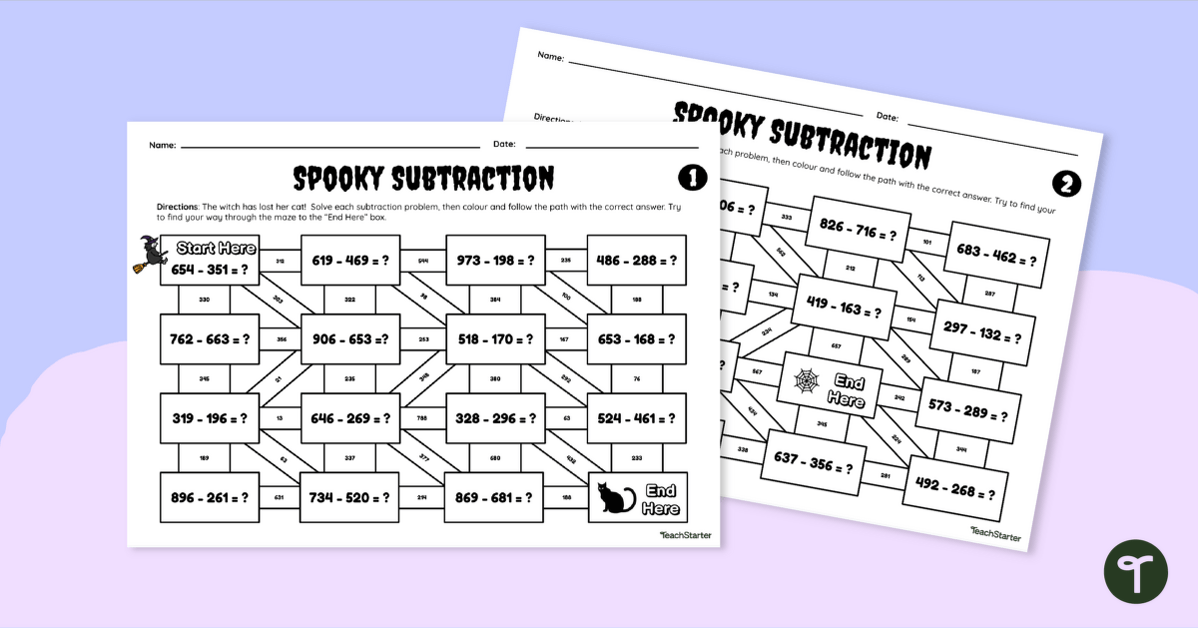 Spooky 3 Digit Subtraction Maze Game Teach Starter Worksheets Library