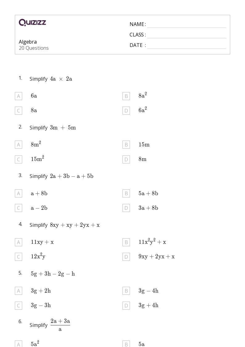50+ Algebra worksheets for 7th Class on Quizizz | Free & Printable ...