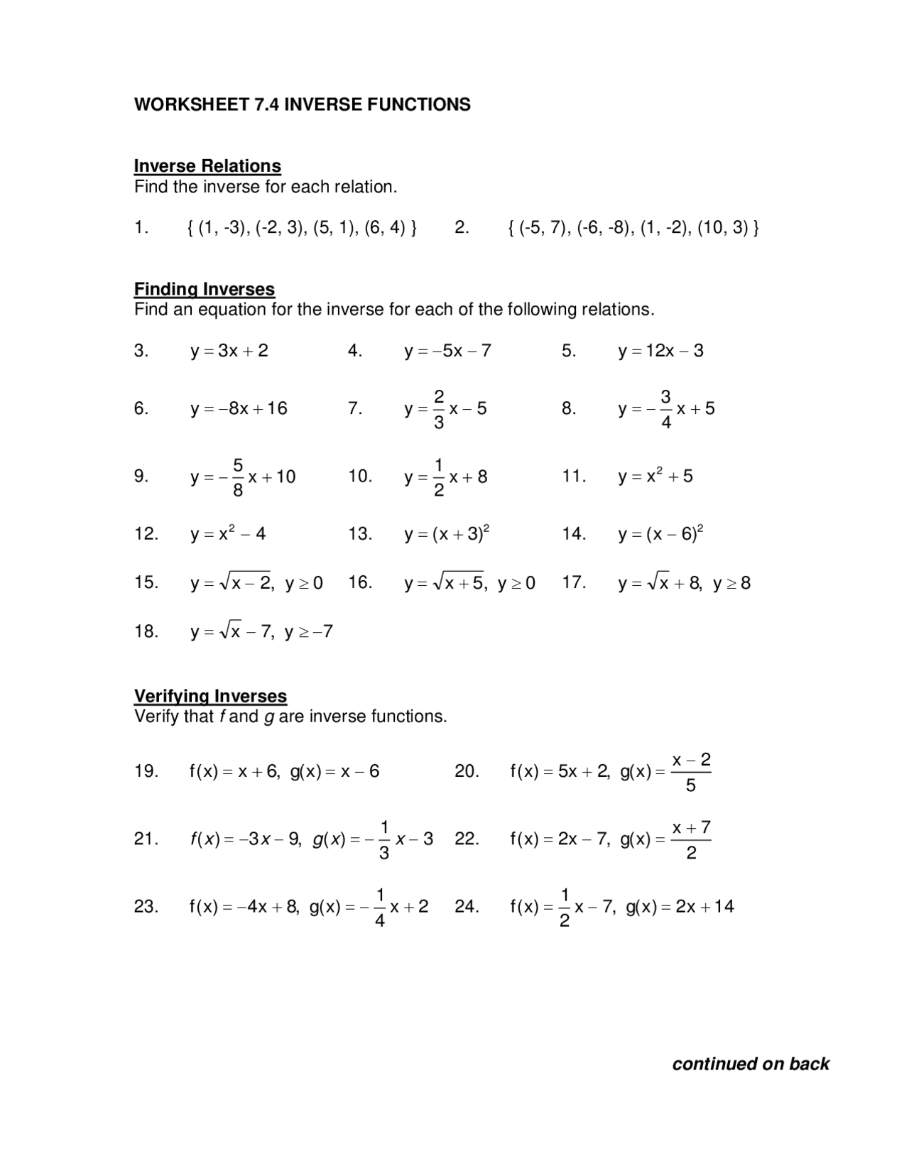 Worksheet 74 Inverse Functions Lecture Notes Elementary