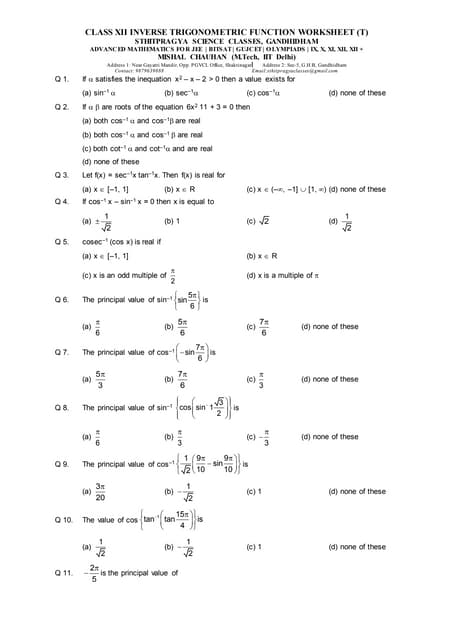 Class Xii Inverse Trigonometric Function Worksheet T Pdf Worksheets Library