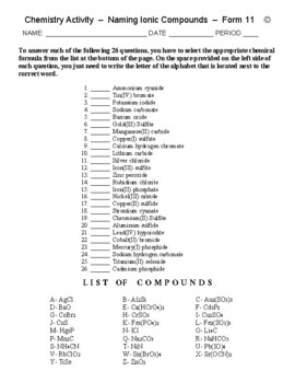 Naming Ionic Compounds - High School Chemistry Matching Worksheet ...
