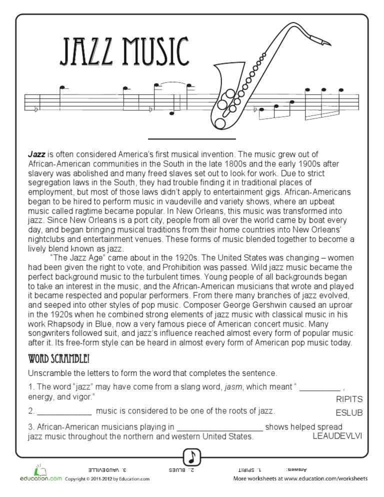History of Jazz | Worksheet | Education.com - Worksheets Library