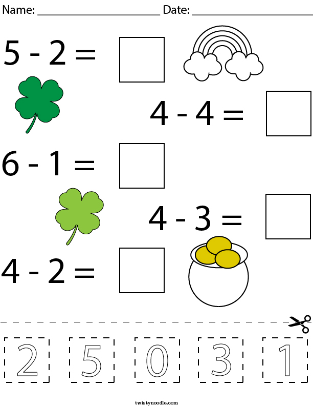 St Patricks Day Subtraction Cut and Paste Math Worksheet - Twisty ... - Worksheets Library