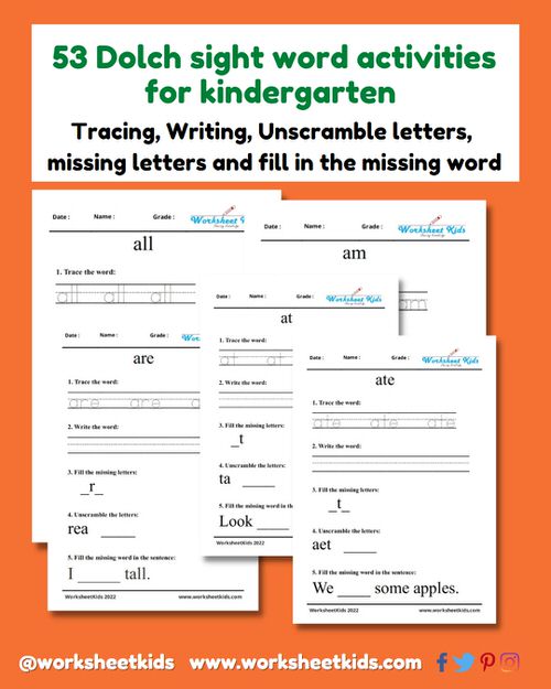 Dolch pre primer sight words for kindergarten worksheet ...
