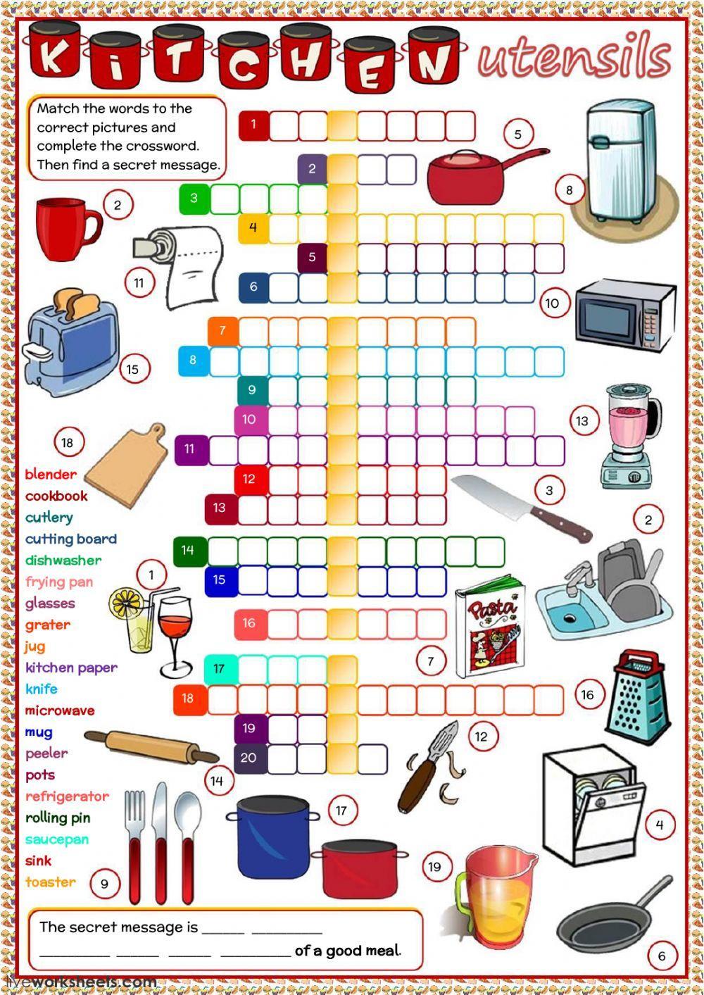 Kitchen Utensils Crossword Worksheet Live Worksheets Worksheets