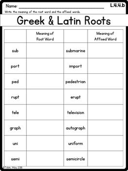 L.4.4.b Greek and Latin Roots - Elementary Nest - Worksheets Library