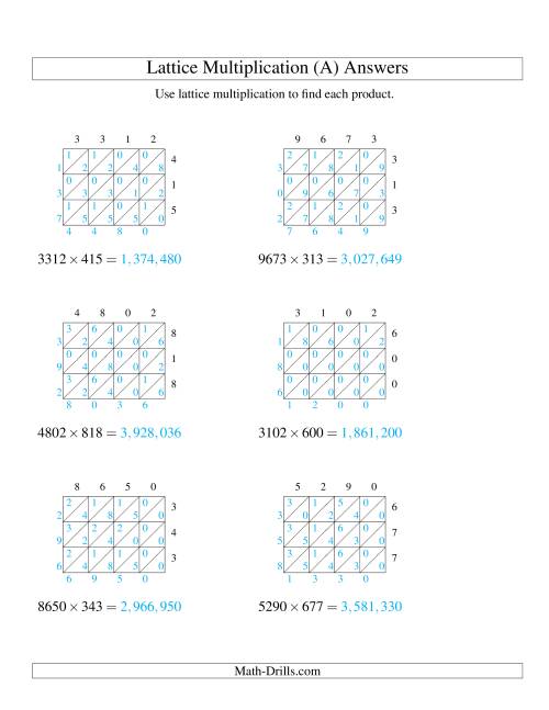 4-Digit by 3-Digit Lattice Multiplication (A) - Worksheets Library