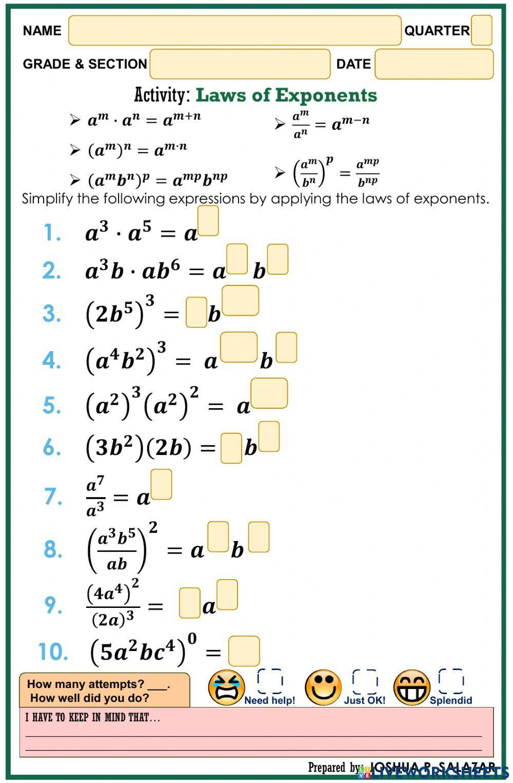 Laws of Exponents Worksheets - Worksheets Library