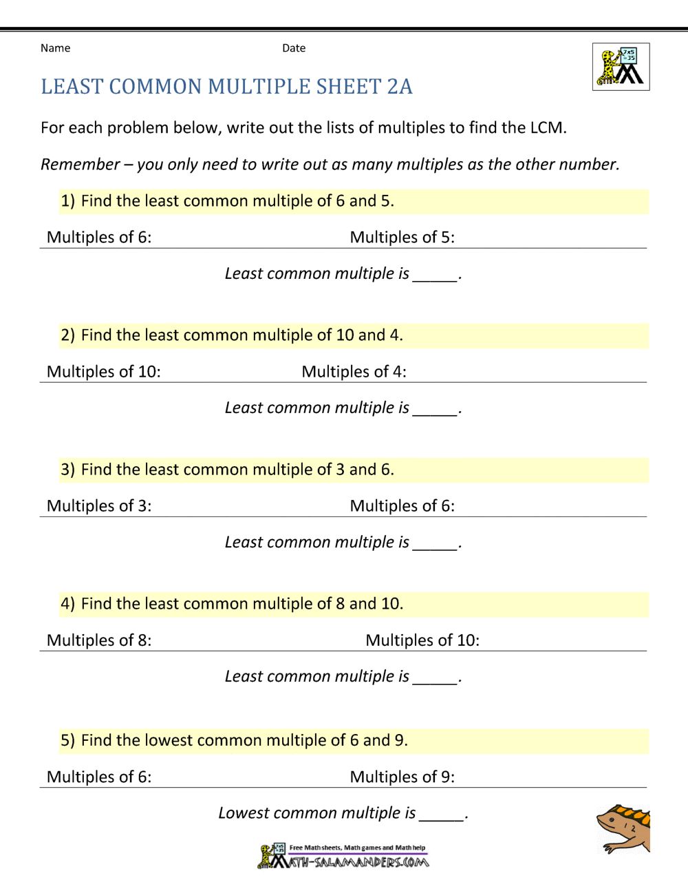 Least Common Multiple Worksheets page - Worksheets Library