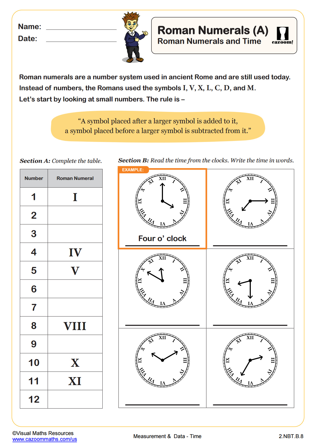 Roman Numerals (A) | PDF printable Measurement and Data Worksheets ...