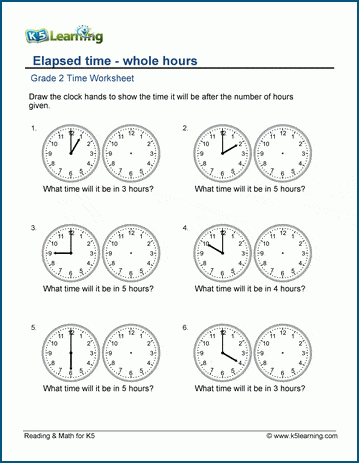Grade 2 Time Worksheets: elapsed time (hours) | K5 Learning - Worksheets Library