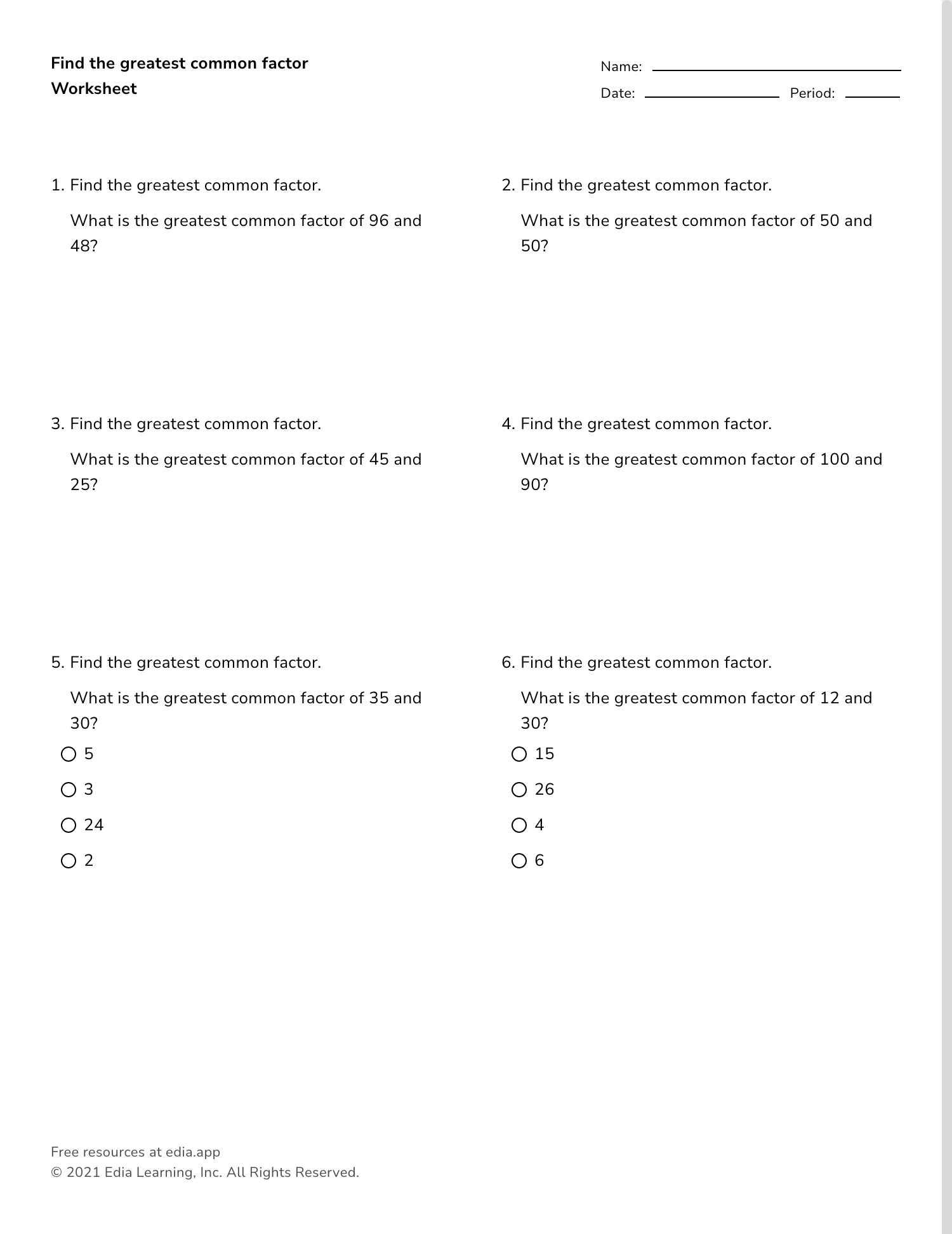 Greatest Common Factor 1to 20 Worksheets Library