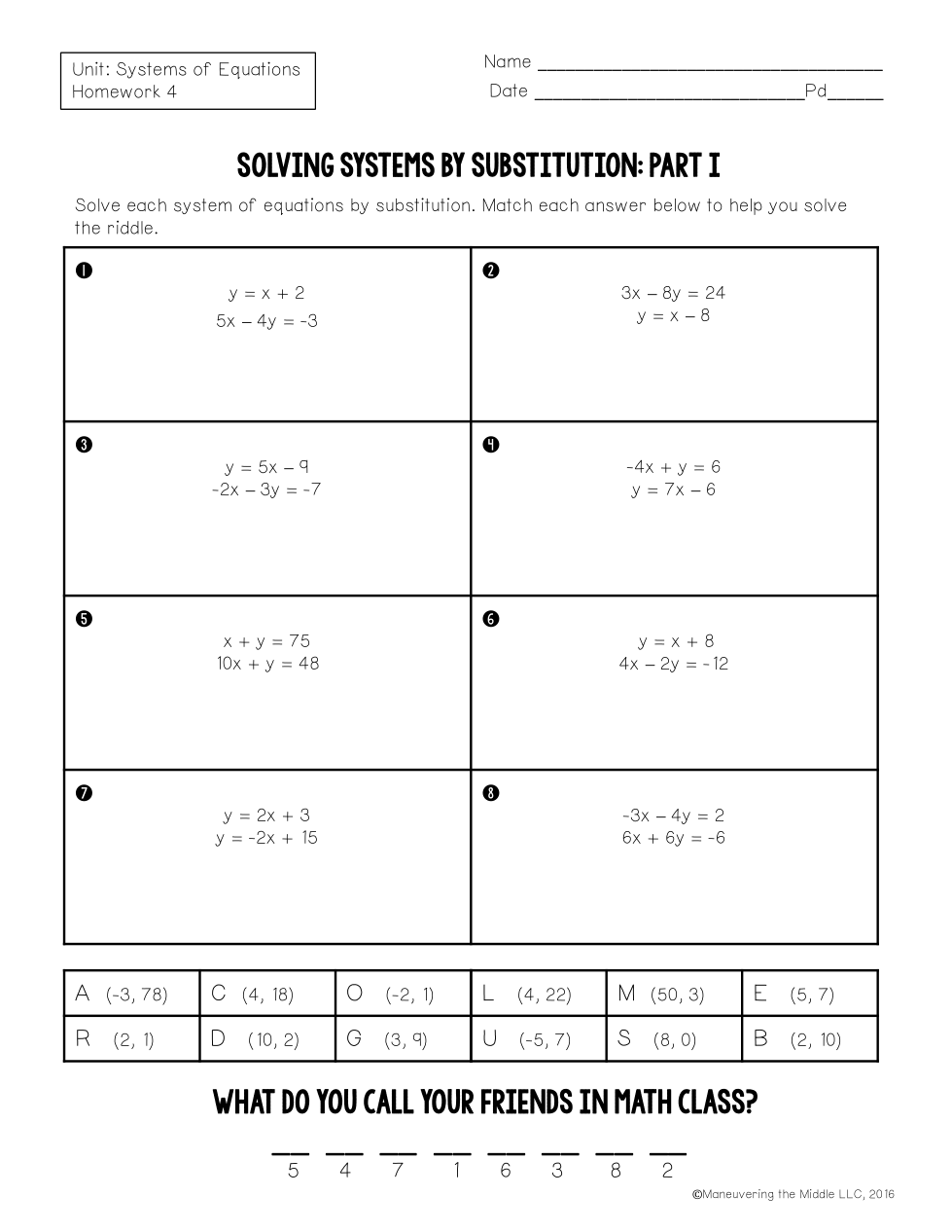 Unit 5 Lesson 4 Homework (Solving Systems by Substitution #1 ...
