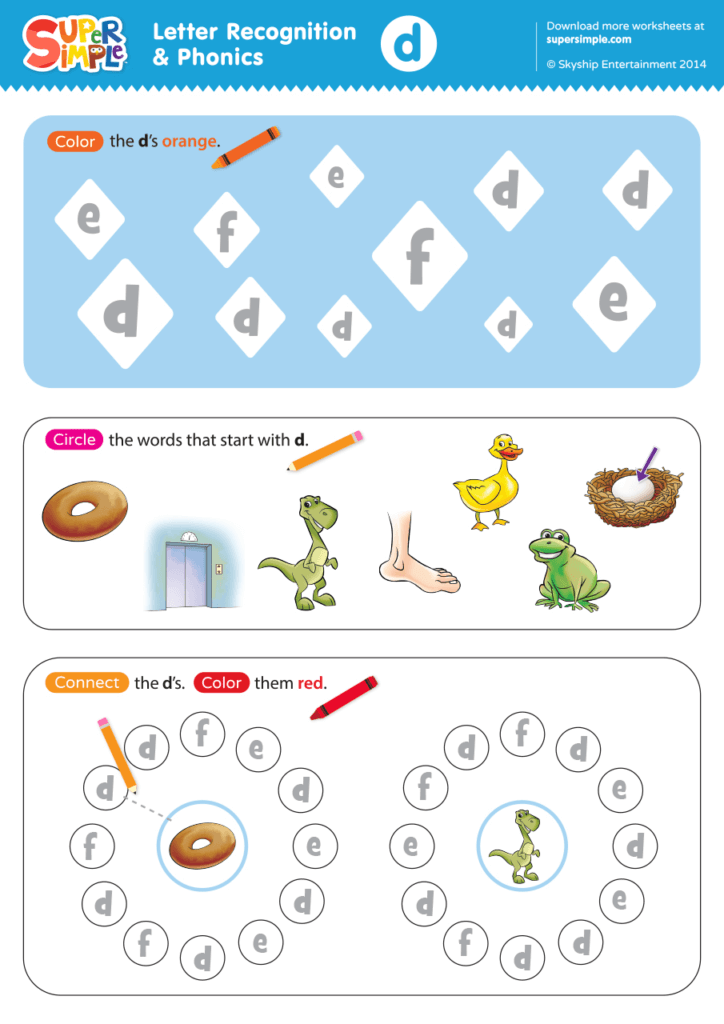 Letter Recognition & Phonics Worksheet - d (lowercase) - Super Simple - Worksheets Library