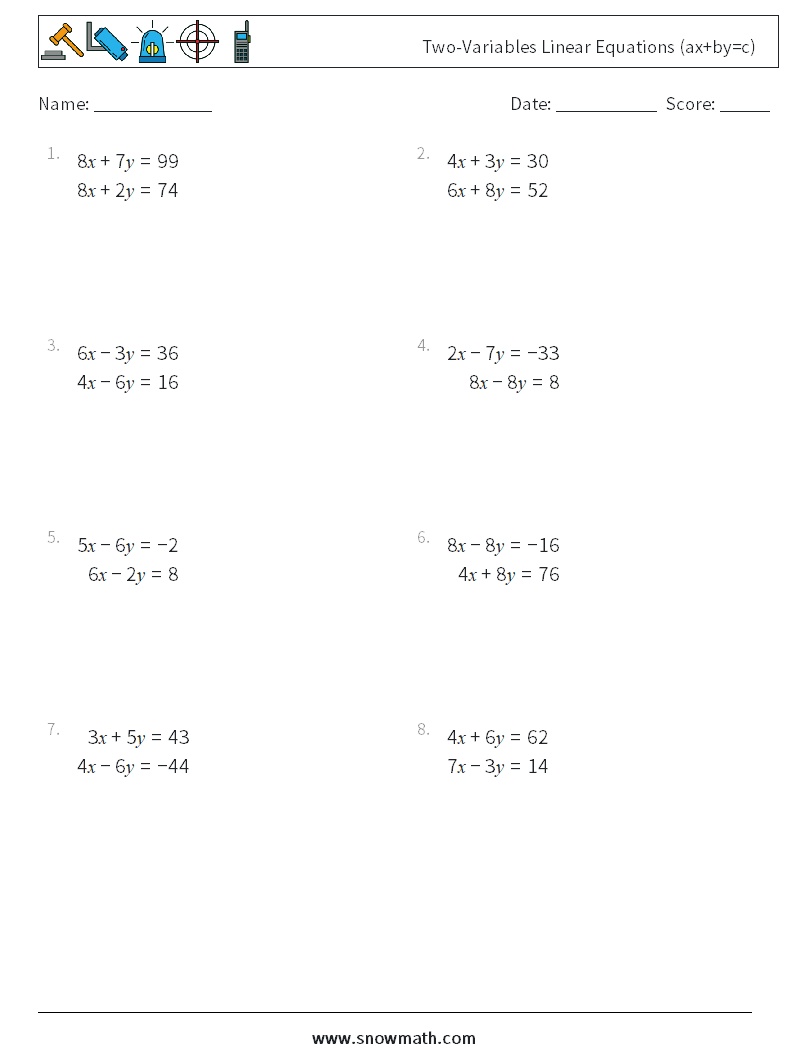 Two Variables Linear Equations Axbyc Math Worksheets Math