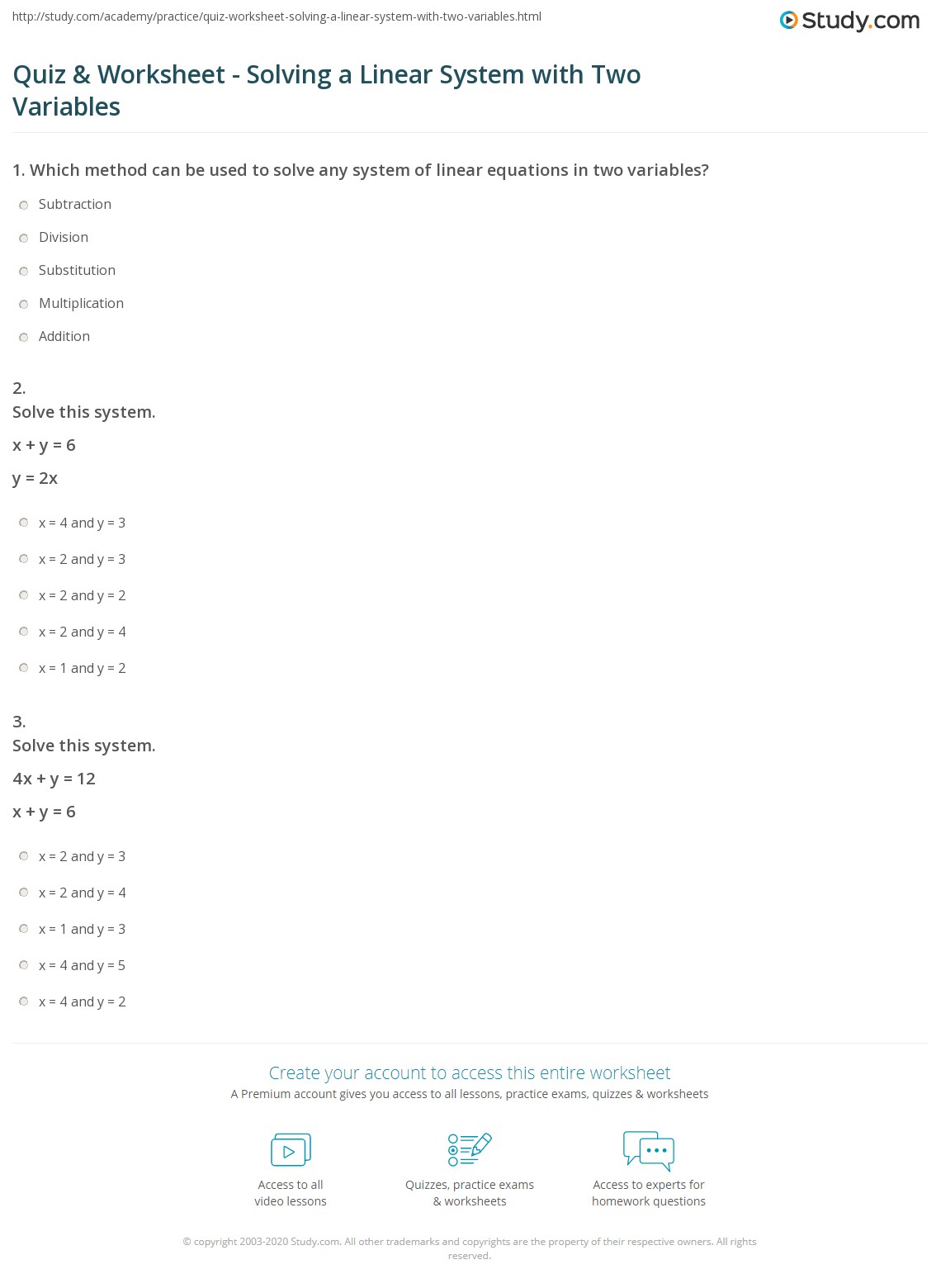 Quiz And Worksheet Solving A Linear System With Two Variables