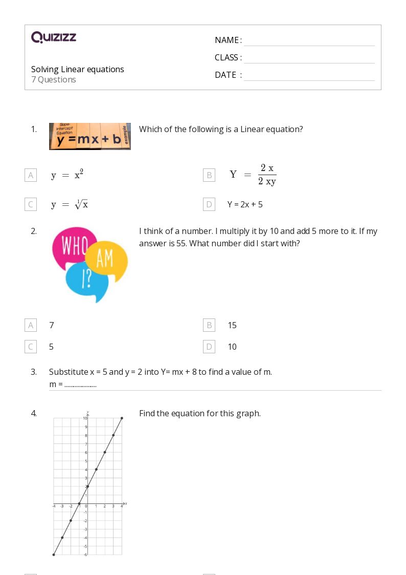 Linear Equations Printable Sheets