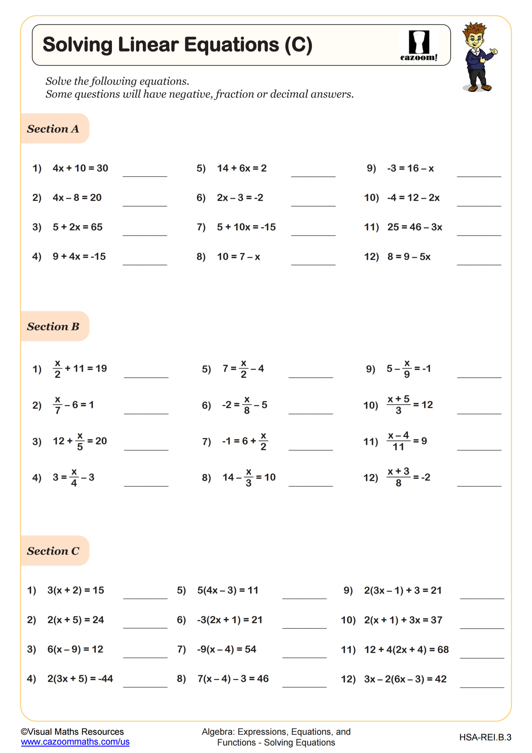 Solving Linear Equations (C) Worksheet | Algebra I PDF Worksheets ...