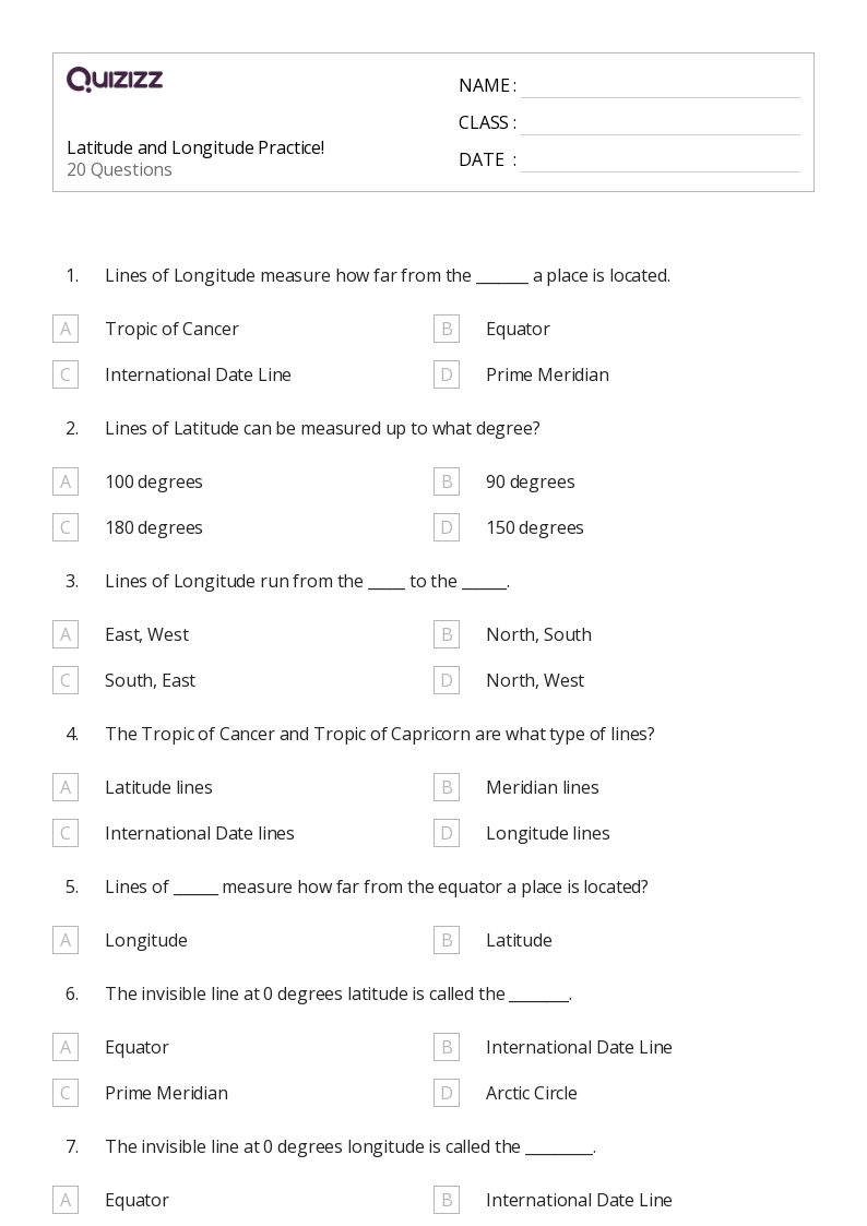 50 Latitude And Longitude Worksheets For 6th Class On Quizizz