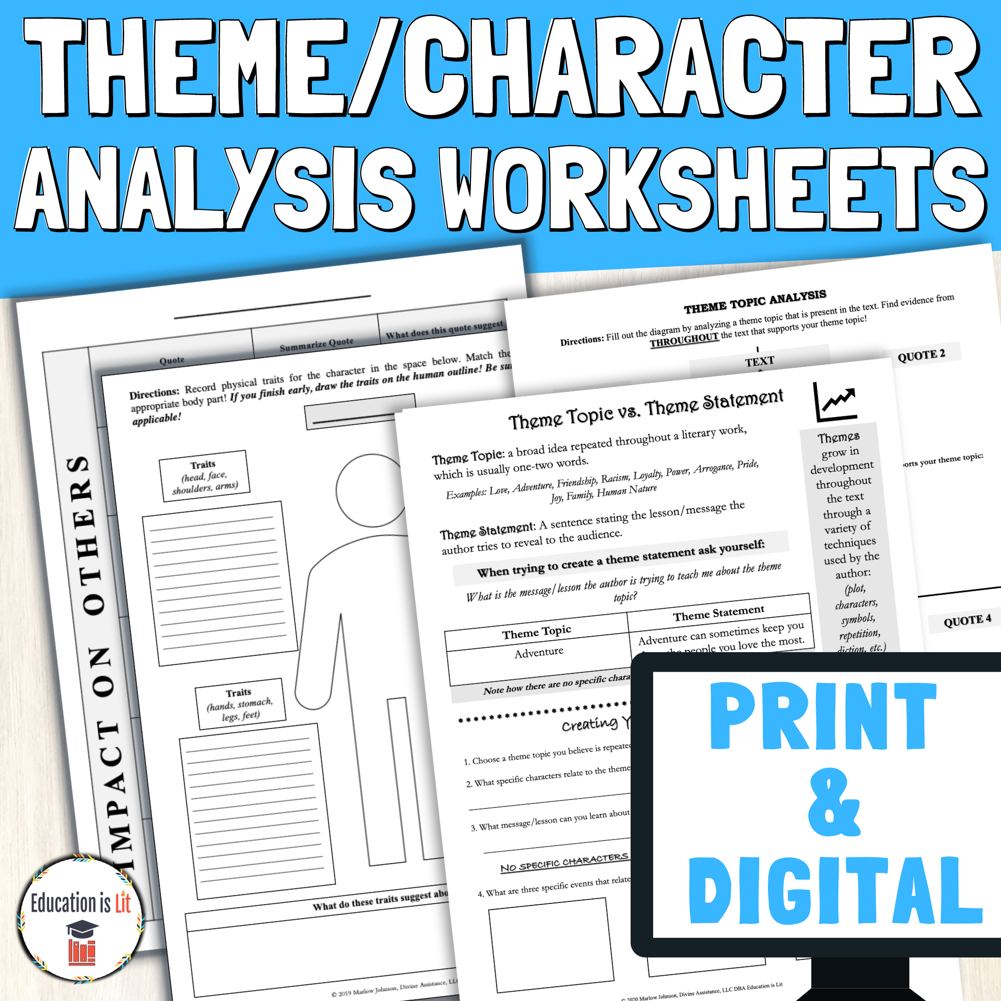 Bundle of Worksheets for Theme and Character Analysis - Worksheets Library