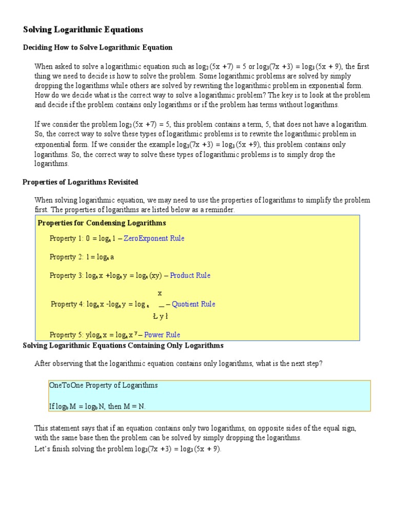 Solving Logarithmic Equations | PDF | Logarithm | Quadratic Equation - Worksheets Library