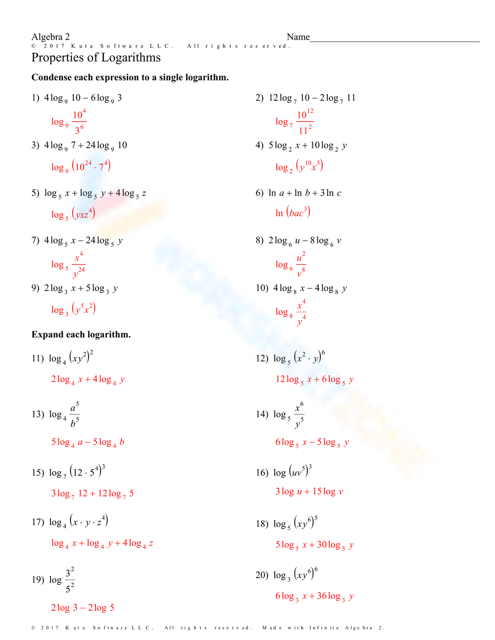 Free Exponential And Logarithmic Functions Of Algebra 2 Worksheets