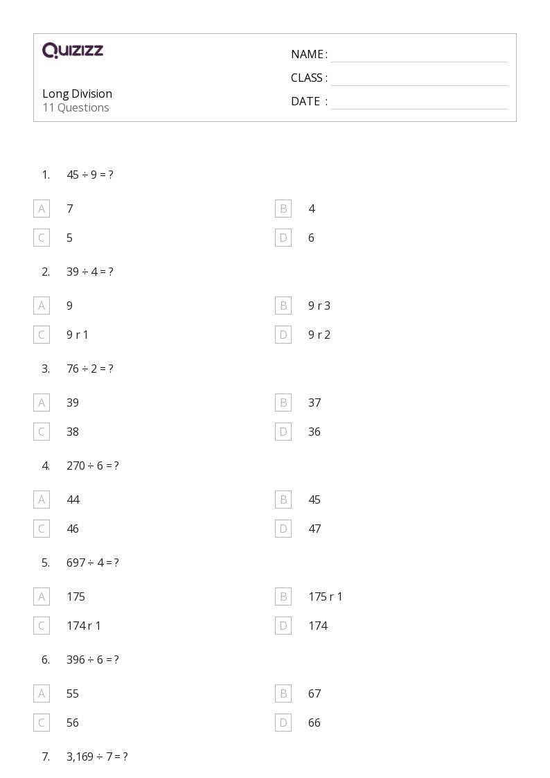 50 Long Division Worksheets For 5th Grade On Quizizz Free