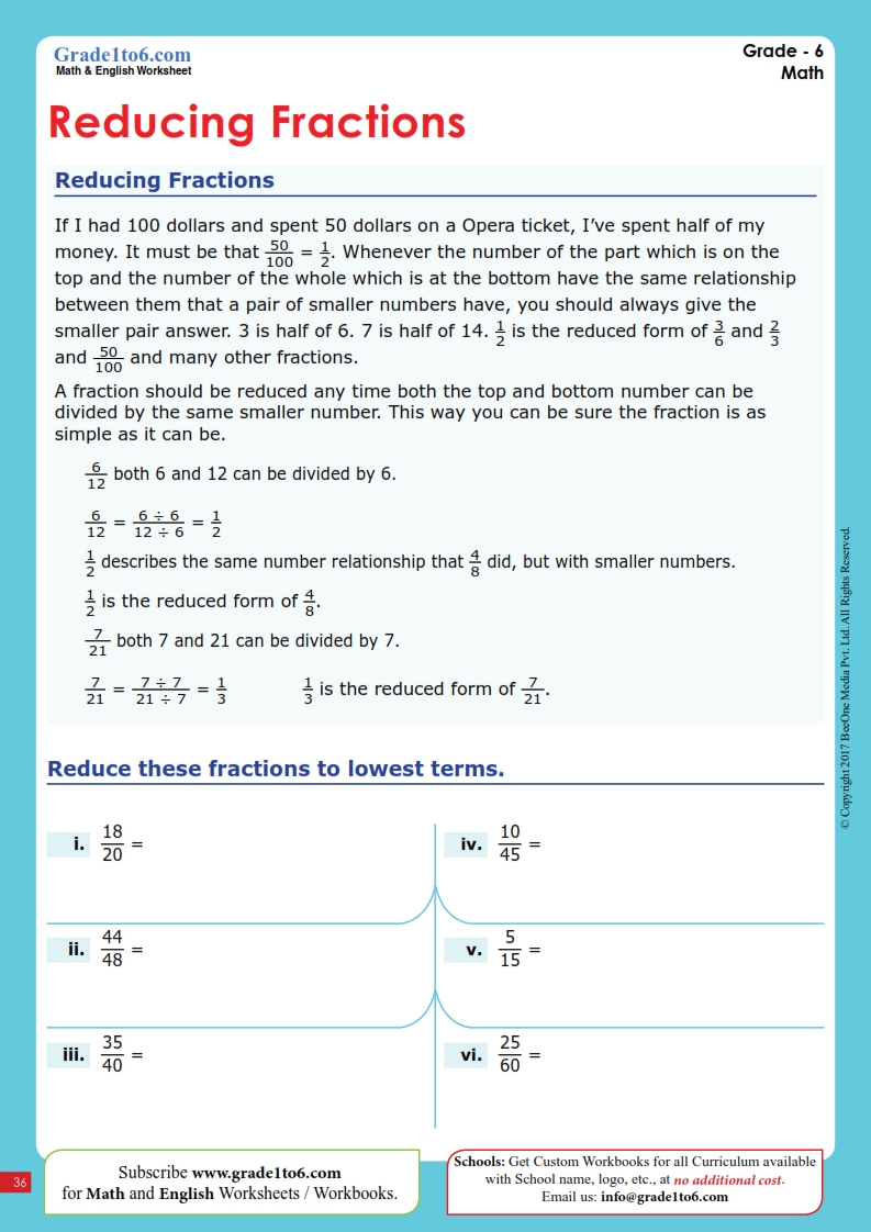 Reducing Fractions To Lowest Terms Worksheets Grade1to6 Reducing Fractions To Lowest Terms Worksheets Grade1to6
