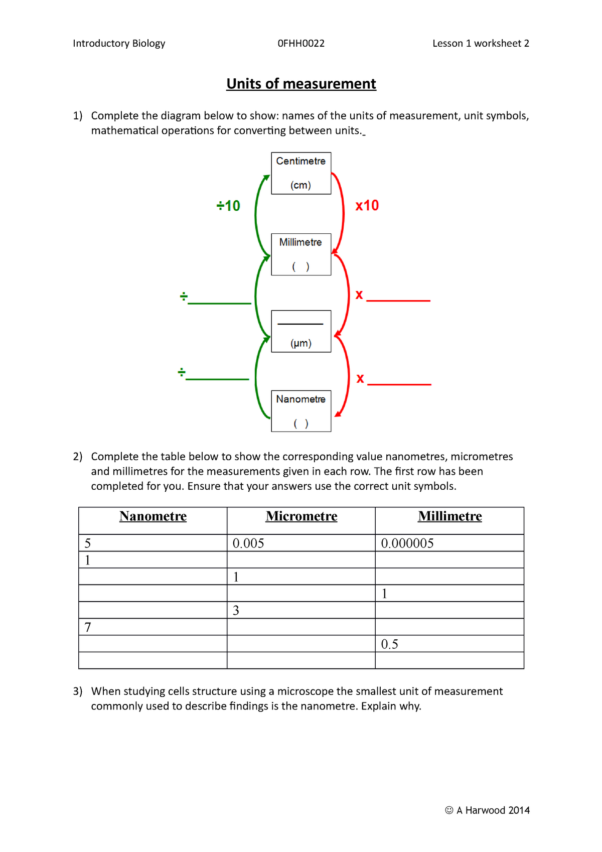 Magnification Introductory Biology 0fhh0022 Lesson 1 Worksheet 2 Worksheets Library