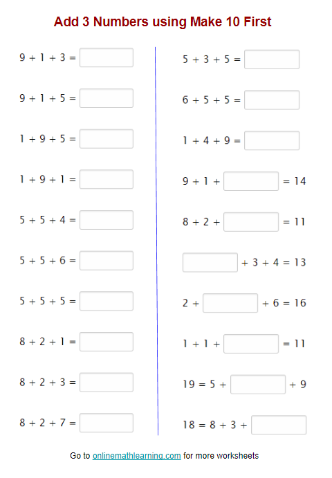 Add 3 Numbers by Making 10 First Worksheets (First Grade, printable ...