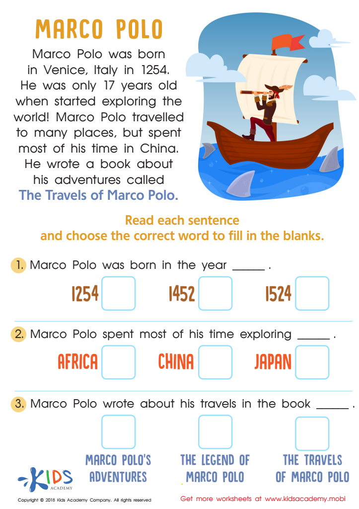 The Travels of Marco Polo Worksheet for 4th - 5th Grade | Lesson ...