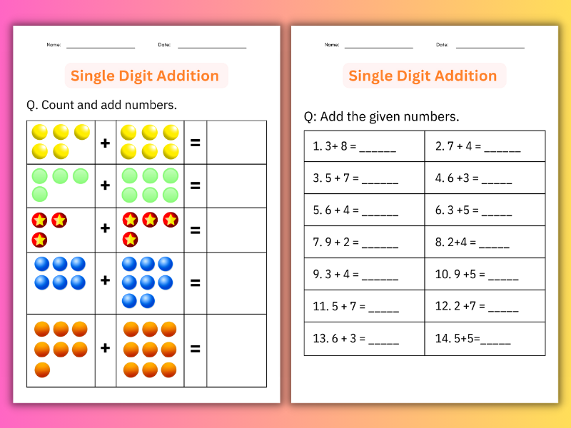 printable single digit addition 1 to 10 Number Math Worksheets for ...