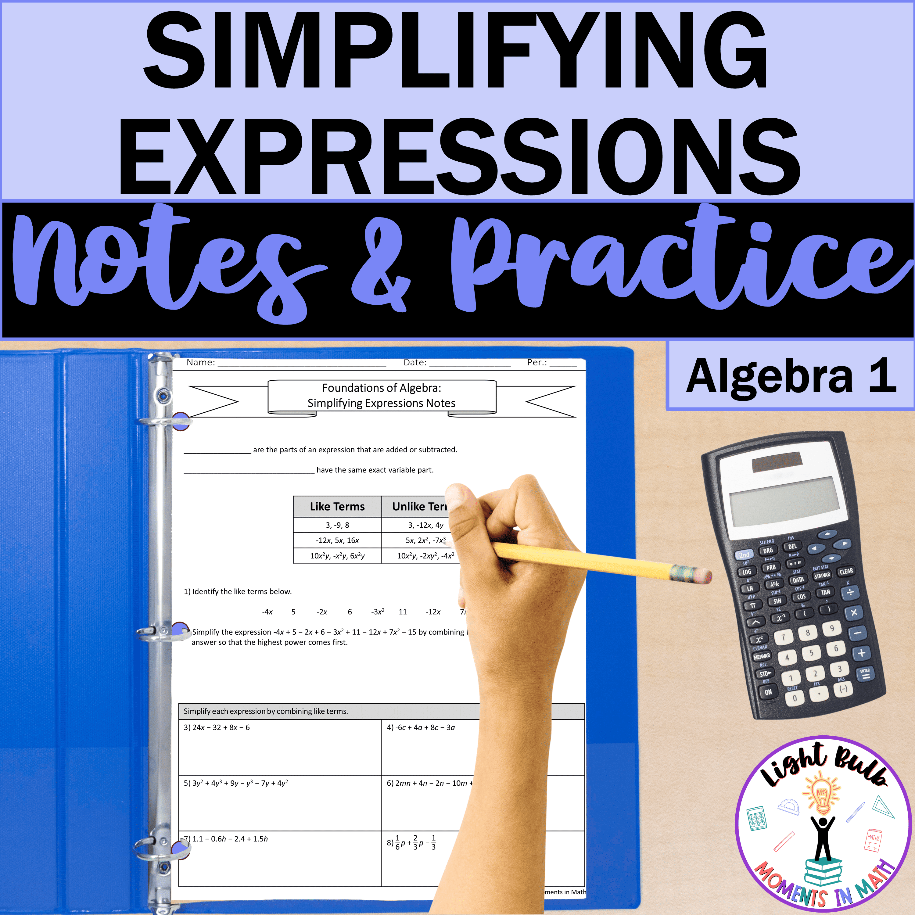 Simplifying Algebraic Expressions Guided Notes And Worksheet