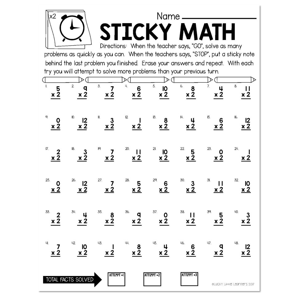 Sticky Math Fact Fluency Practice - Multiplication - x2 - Lucky ...