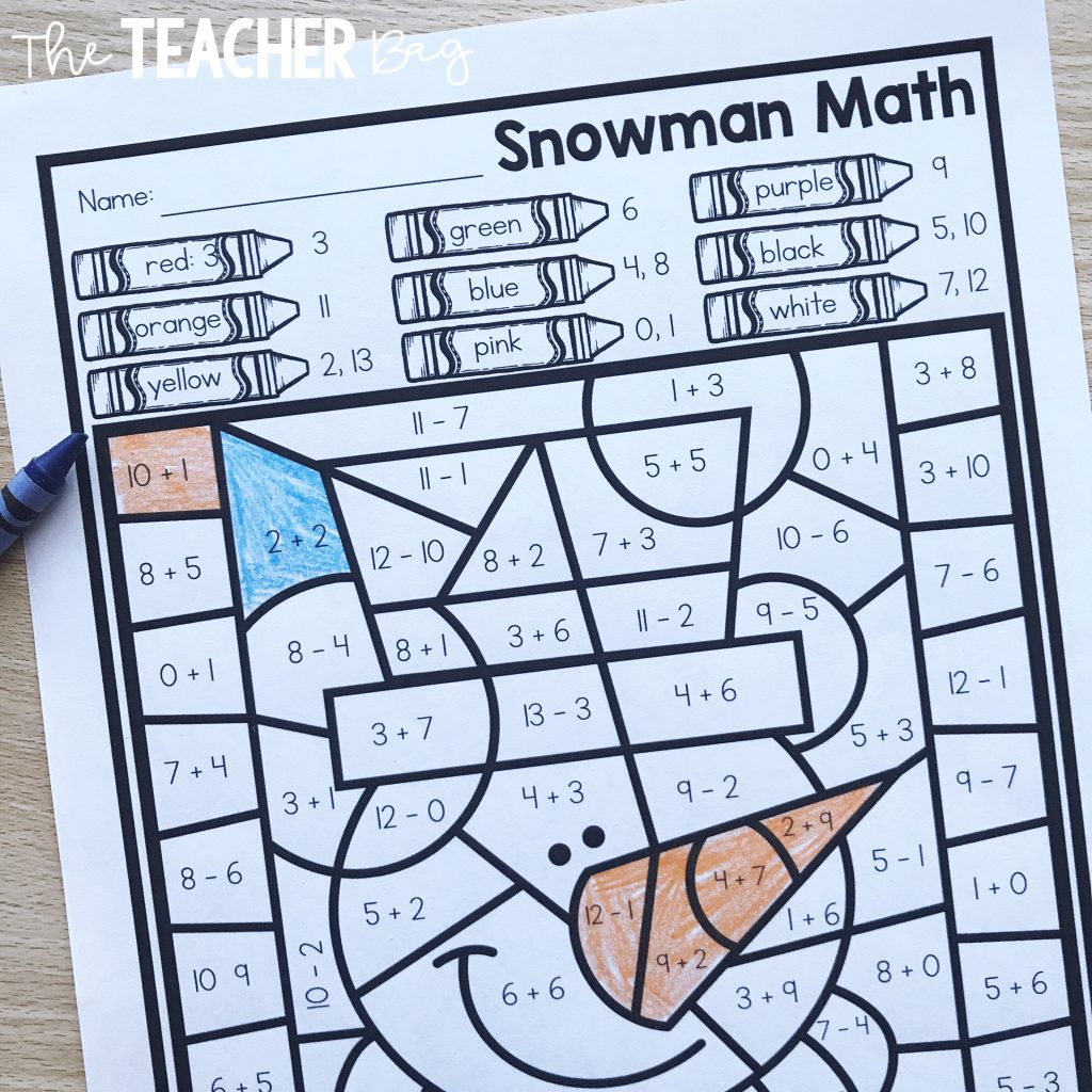 Snowman Color By Code Math Freebie - The Teacher Bag - Worksheets Library