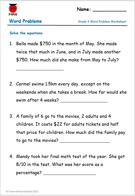 4th Grade Math Word Problems: Free Worksheets with Answers ...
