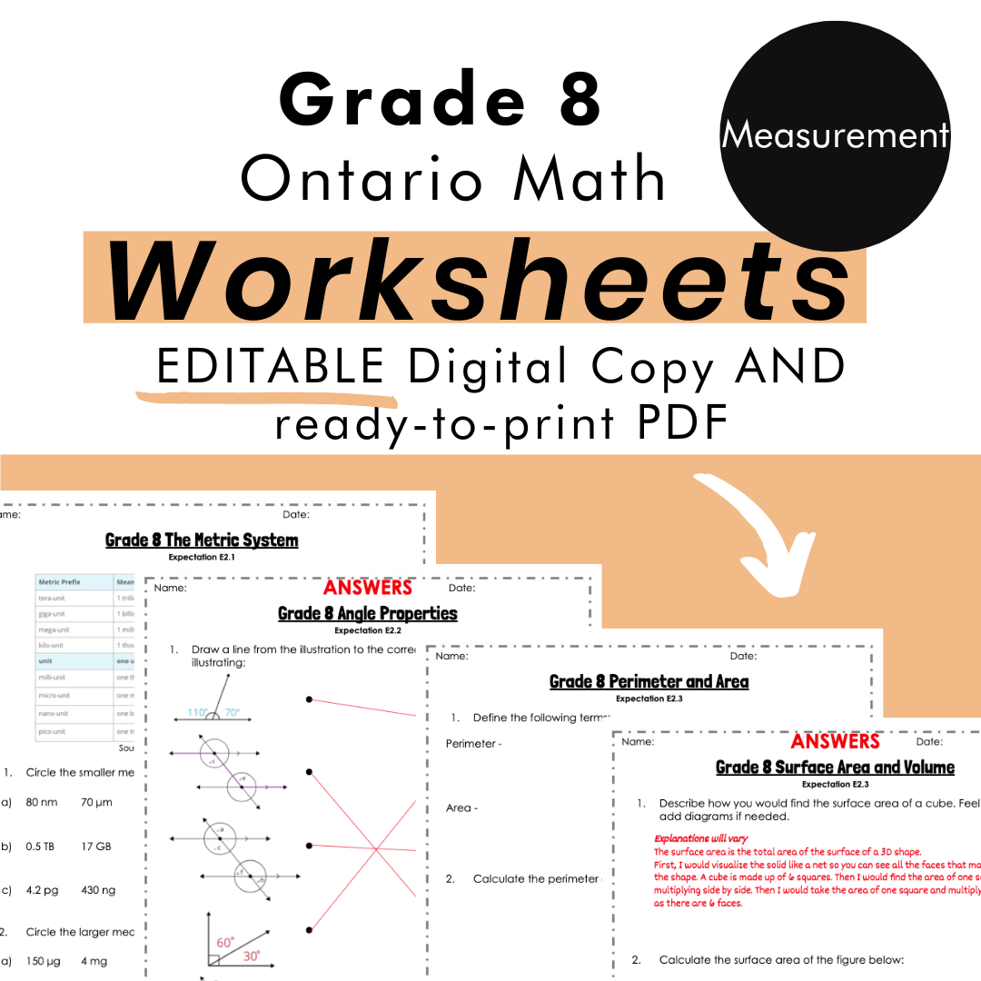 Grade 8 Ontario Math Measurement PDF & Editable Worksheets – My ...