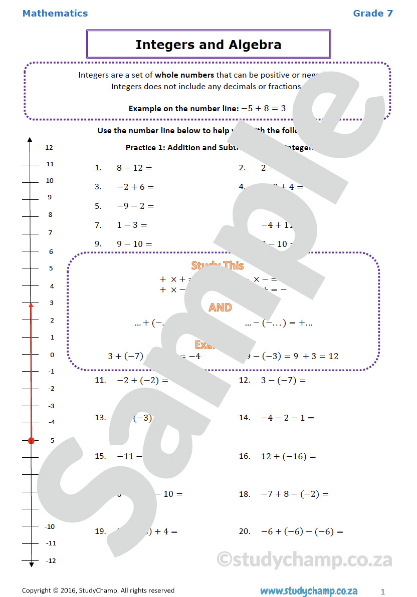Grade 7 Mathematics Worksheet: Integers and Algebra - Worksheets Library