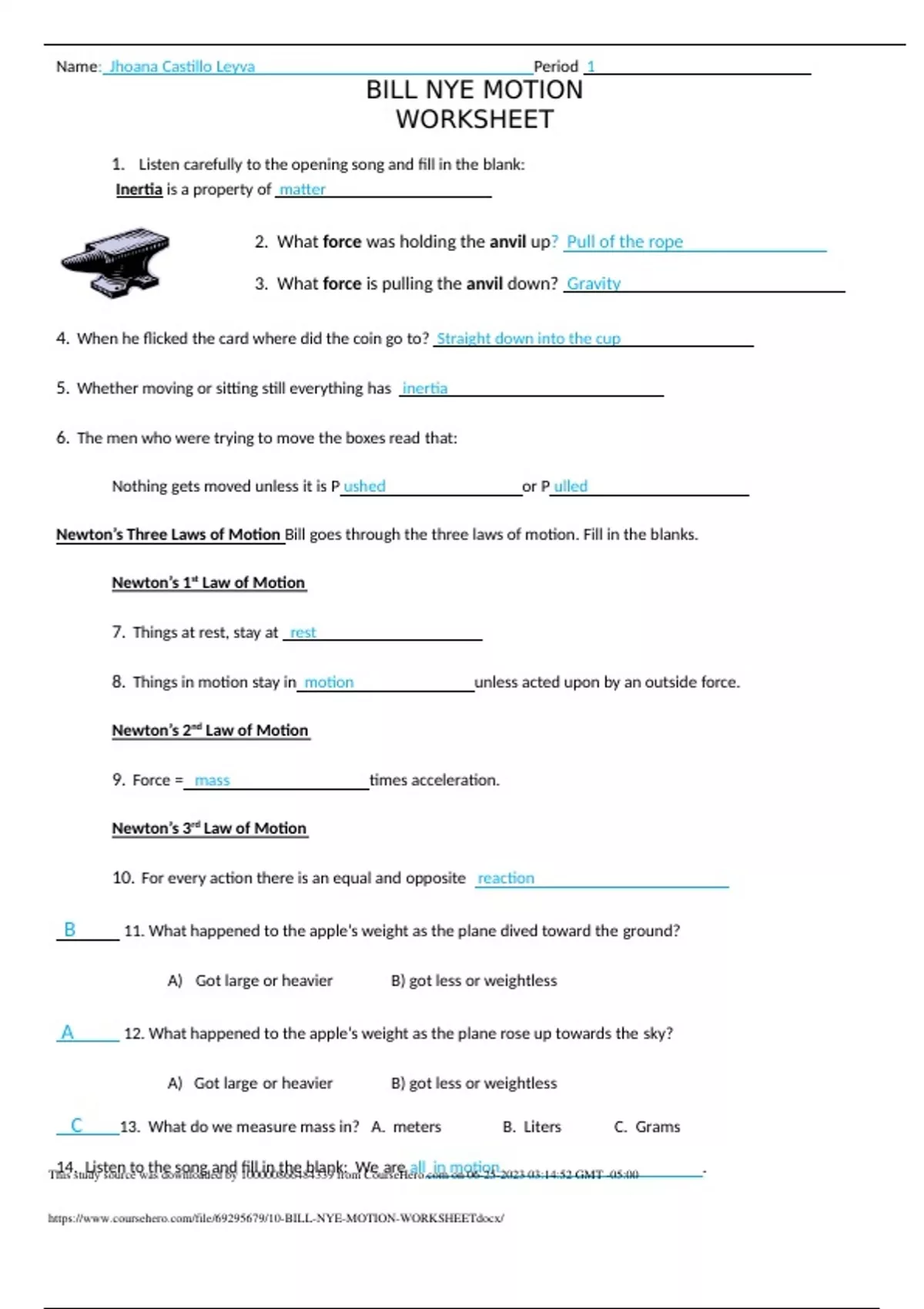 BILL NYE MOTION WORKSHEET 100% VERIFIED - BILL NYE MOTION - Stuvia US ...