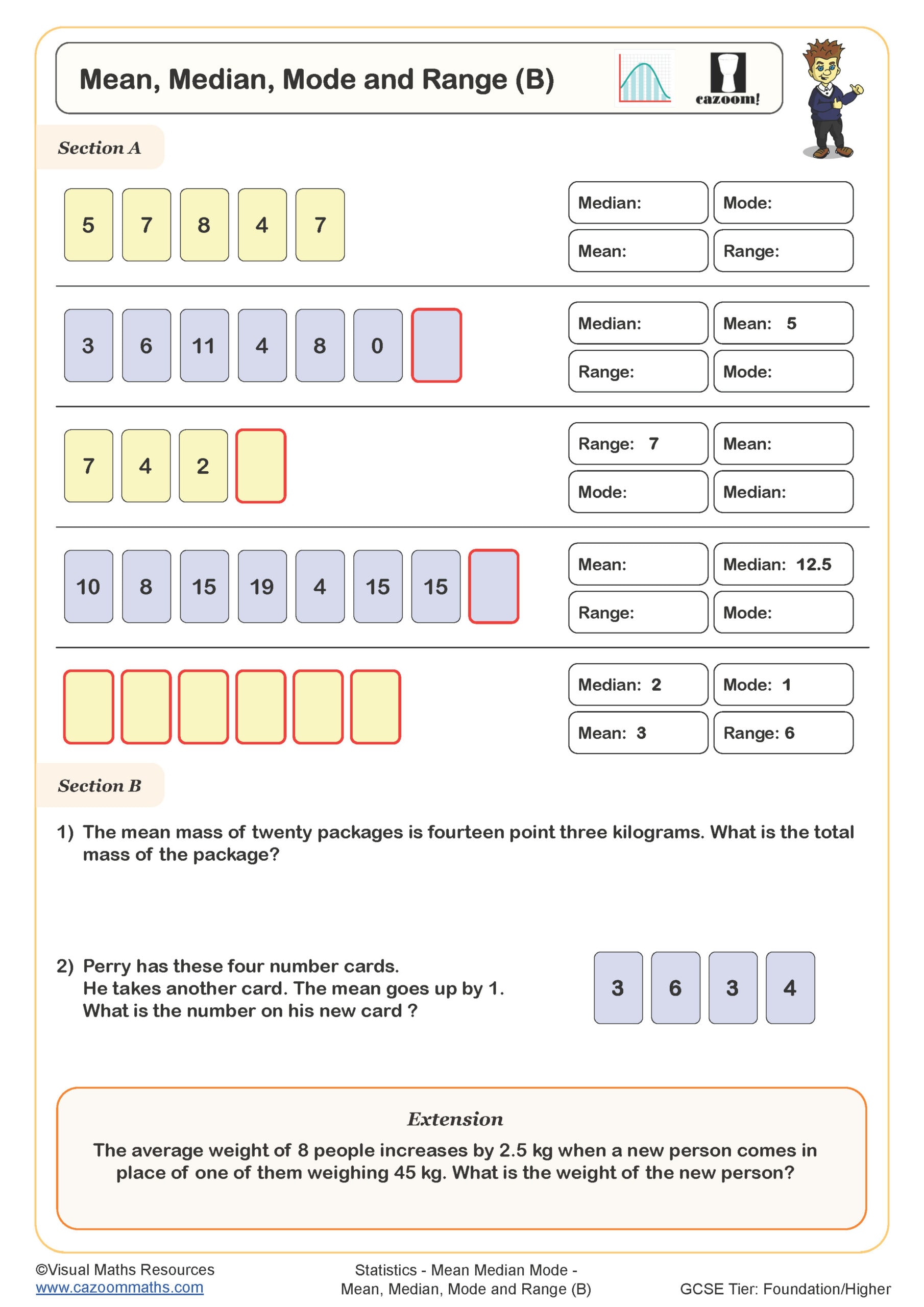 Mean Median Mode And Range B Worksheet Printable Maths