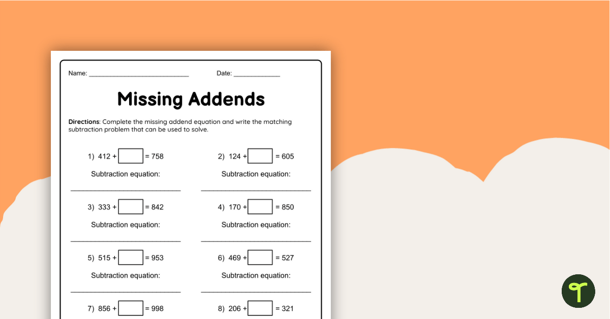 Missing Addends Addition Worksheet | Teach Starter - Worksheets Library