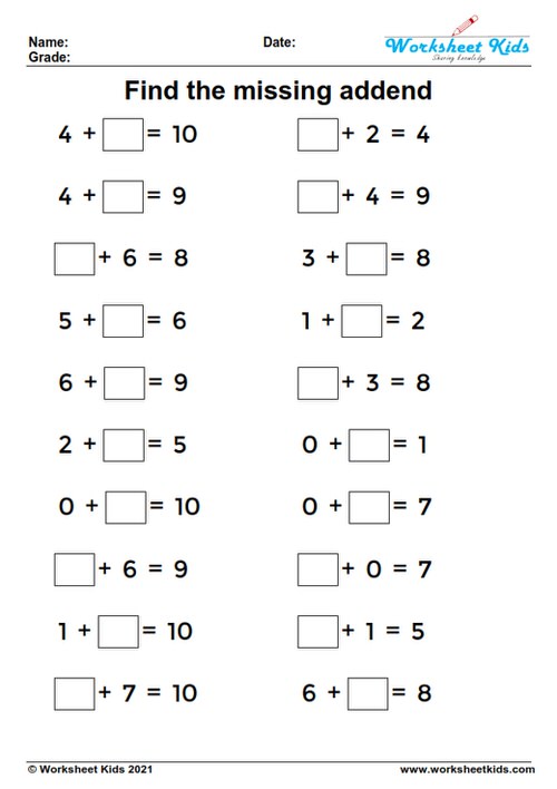 Missing addends worksheets for Grade 1, Grade 2 and Kindergarten ...