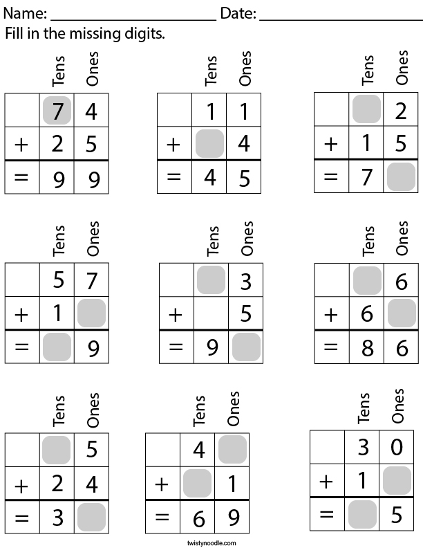 2 Digit Addition- Fill in the Missing Numbers Math Worksheet ... - Worksheets Library