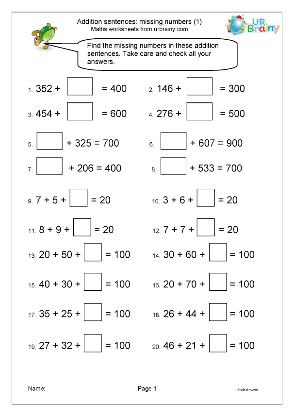 Free missing numbers addition worksheet, Download Free missing numbers ...