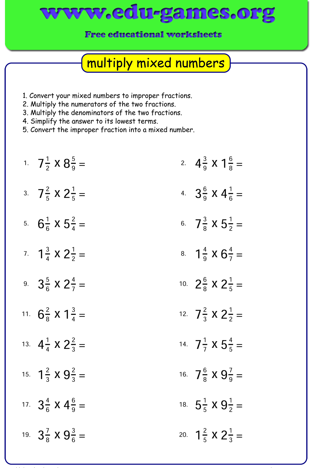 Multiplying Mixed Numbers Worksheets 15 Worksheets Worksheets