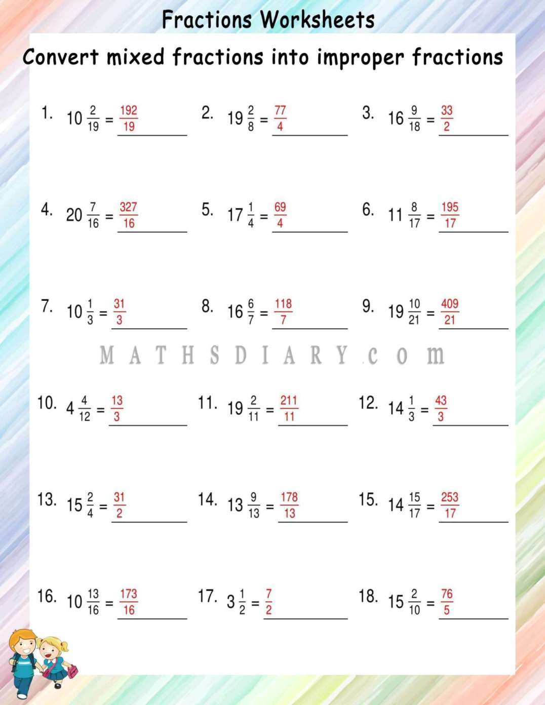 Convert Mixed Fractions To Improper Fractions Worksheets Math