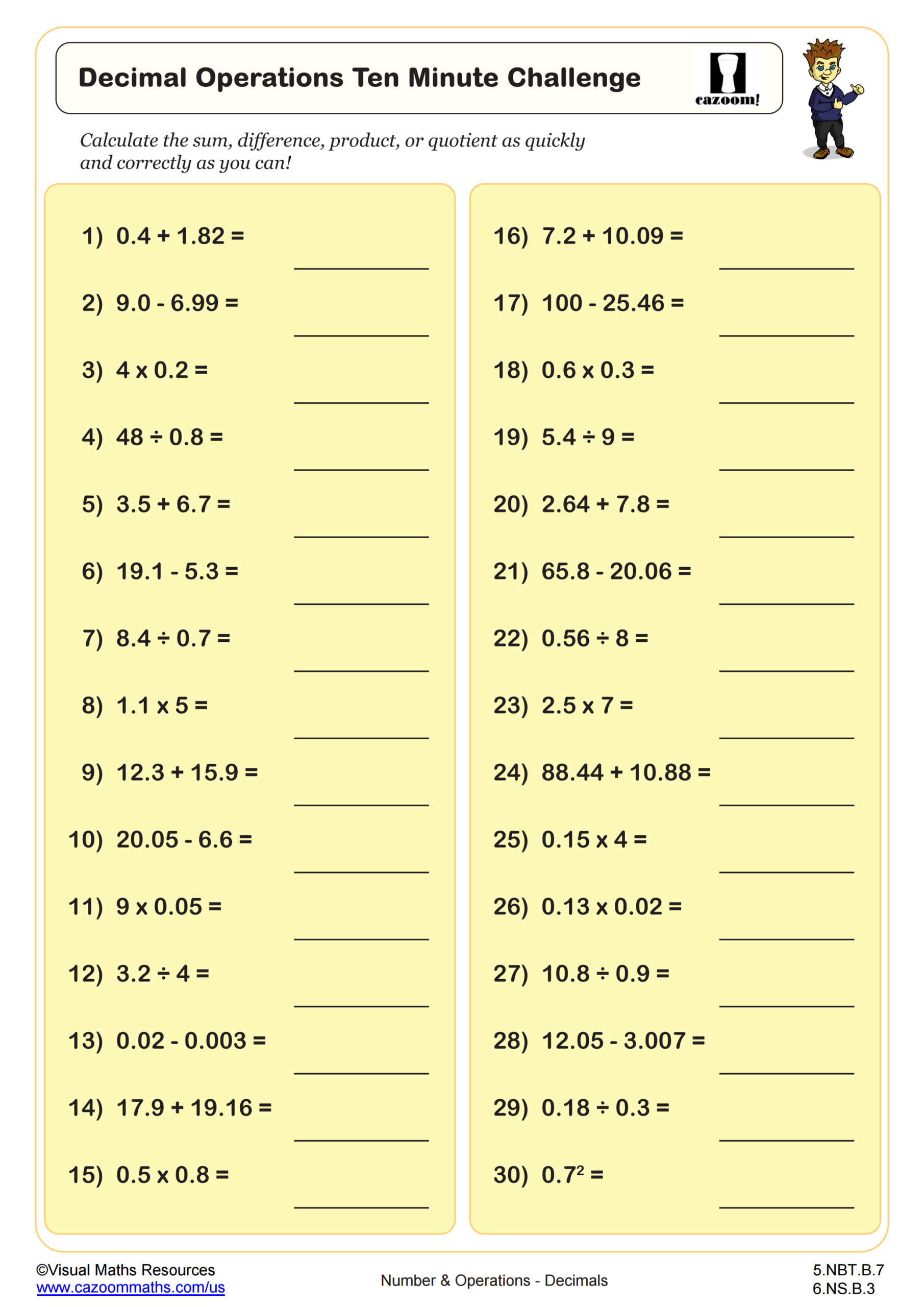 Decimal Operations Ten Minute Challenge Worksheet | Fun and ...