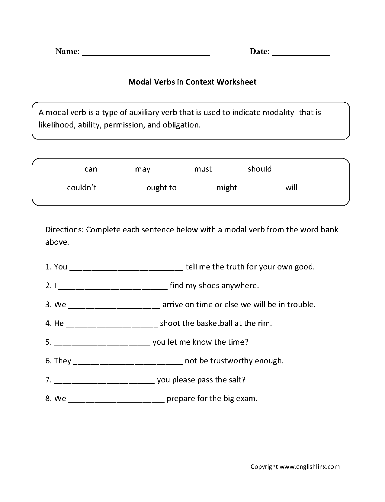 Free modal auxiliary verbs worksheet for 4th grade, Download Free modal ...