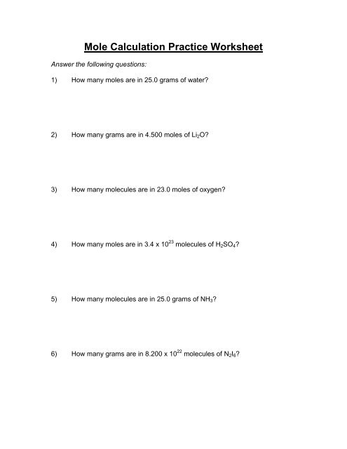 Mole Calculation Practice Worksheet - Worksheets Library